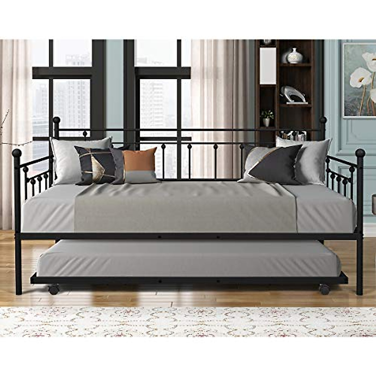 HUAYICUN Daybed with Trundle Twin Size Metal Frame Daybed and Roll Out Trundle (Black)