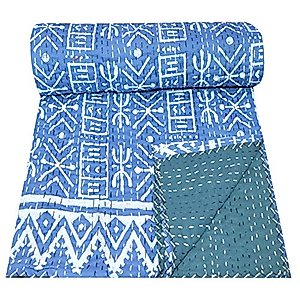 Maviss Homes Indian Traditional Handmade Patchwork Cotton Super Soft Kantha Quilt Blanket | Throw Bedspread Blanket | Bedroom Décor Throw Quilt |Home Décor Blue