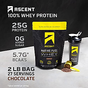 Ascent 100% Whey Protein Powder - Post Workout Whey Protein Isolate, Zero Artificial Flavors & Sweeteners, Gluten Free, 5.7g BCAA, 2.7g Leucine, Essential Amino Acids, Chocolate 2 lb