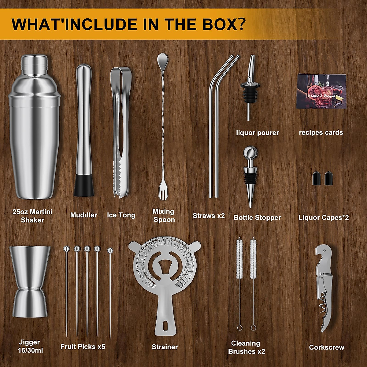 Vabaso Bartender Kit, Cocktail Shaker Set for Mixed Drink Home Bar, 25oz Professional 18/8 Stainless Steel Bar Tool Set with Cocktail Recipes Booklet, Father's Day Christmas White Elephant Gift Men