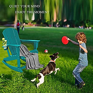 HUEZOE Adirondack Rocking Outdoor Cup Holder, Weather Resistant HDPE Patio Chairs QWY03, Blue