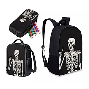 Bulopur Gothic Skull Boys Girls School Computer Backpacks, Funny Skeleton Lightweight Backpacks for Teen, Halloween Black 3 Pcs Insulated Lunch Bag Pen Pencil Bag