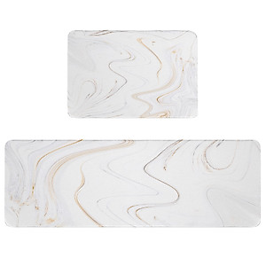 Debedcor Marble Kitchen Rugs and Mats Set of 2, Non-Skid White Bathroom Rugs, Washable Gold and Grey Kitchen Runner Floor Mat for Sink/Laundry Room/Office, 15.7"x23.6"+15.7"x47.2"