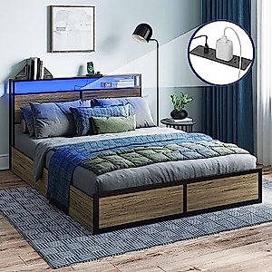 BELLEZE Queen Size Bed Frame with 2-Tier Storage Headboard and 4 Drawers Under Bed, Sturdy Metal Platform Bed with Remote Control RGB LED Light and Ultra-Fast USB Type A/C Outlet, No Box Spring Needed
