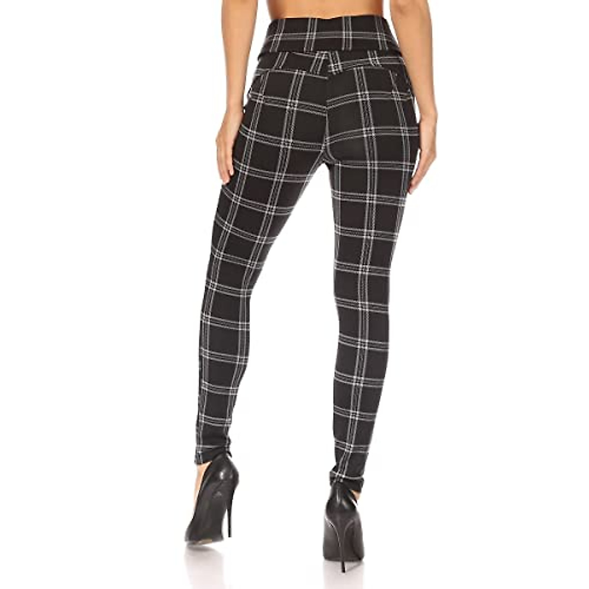 ShoSho Womens High Waist Skinny Pants Tummy Control Butt Lifting Pull On Stretch Trousers with Pockets Plaid Print Black/White Small