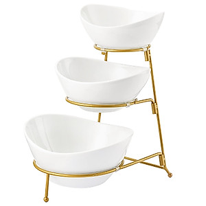 HBlife 3 Tier Oval Bowl Set with Metal Rack, Ceramic Fruit Bowl Serving, Tiered Serving Stand for Dessert Appetizer Cake Candy Chip Dip (Gold)