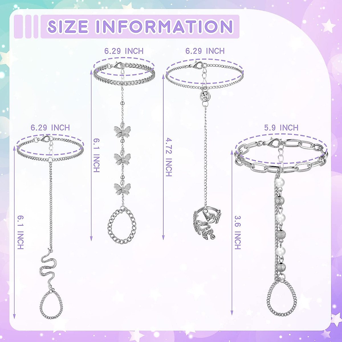 6 Pieces Finger Ring Bracelet Linked Rhinestone Hand Harness Chain Slave Bracelet with Ring Everyday Jewelry for Women Girls (Simple)