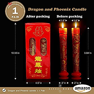ZINGZIHOME Chinese Dragon and Phoenix Wedding Candles Red Traditional Double Happiness 1 Pair, 9.84 Inch Tall x 2 Inch Diameter, Great for Chinese Weddings Decoration as Well as Special Events