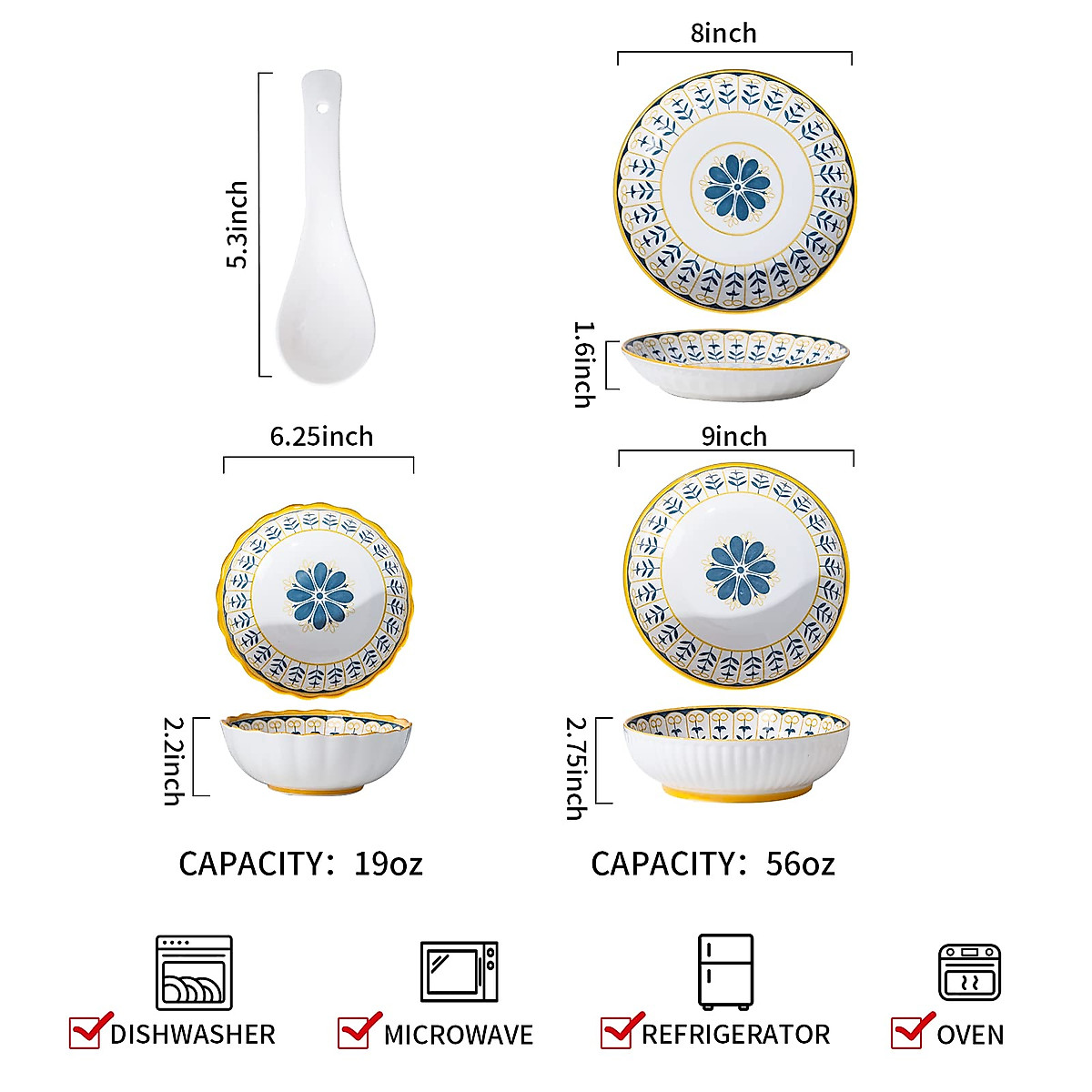 Binvertaocier Ceramic 10-Piece 56 Oz Large Soup Bowls and Spoons Set, 9 Inch Large Serving for Kitchen Pasta, Ramen, Pho Bowls and Soup Spoons Set,Dishwasher & Microwave Safe