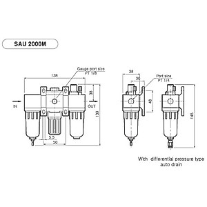 PneumaticPlus SAU2000M-N02DG-MEP Mini Three-Unit Combo Compressed Air Filter Regulator Lubricator FRL, Air Preparation Unit 1/4" NPT - Metal Bowl, Auto Drain, Gauge