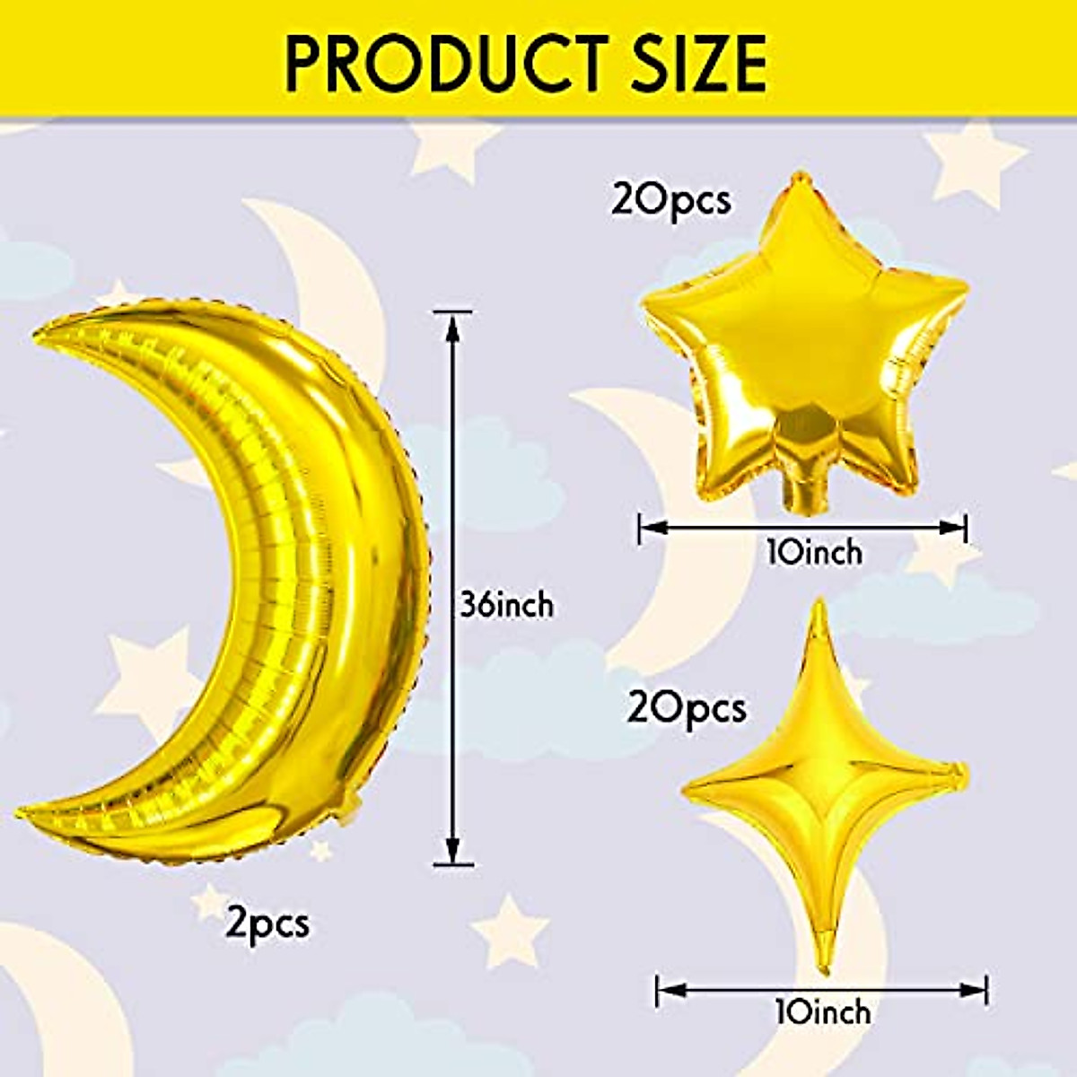 42pcs Gold Star Balloons Gold Moon Foil Balloons Star Balloons Metallic for Eid Mubarak Decorations Graduation, Outerspace, Baby Shower, Birthday, Wedding Anniversary Party Decorations Supplies