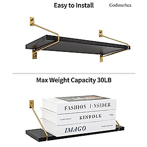 Godimerhea Black Floating Shelves for Wall, Set of 2 Wall Mounted Hanging Wood Shelf with Gold Brackets, Modern Luxury Decor Organizers Storage Shelves for Bathroom, Living Room, Bedroom
