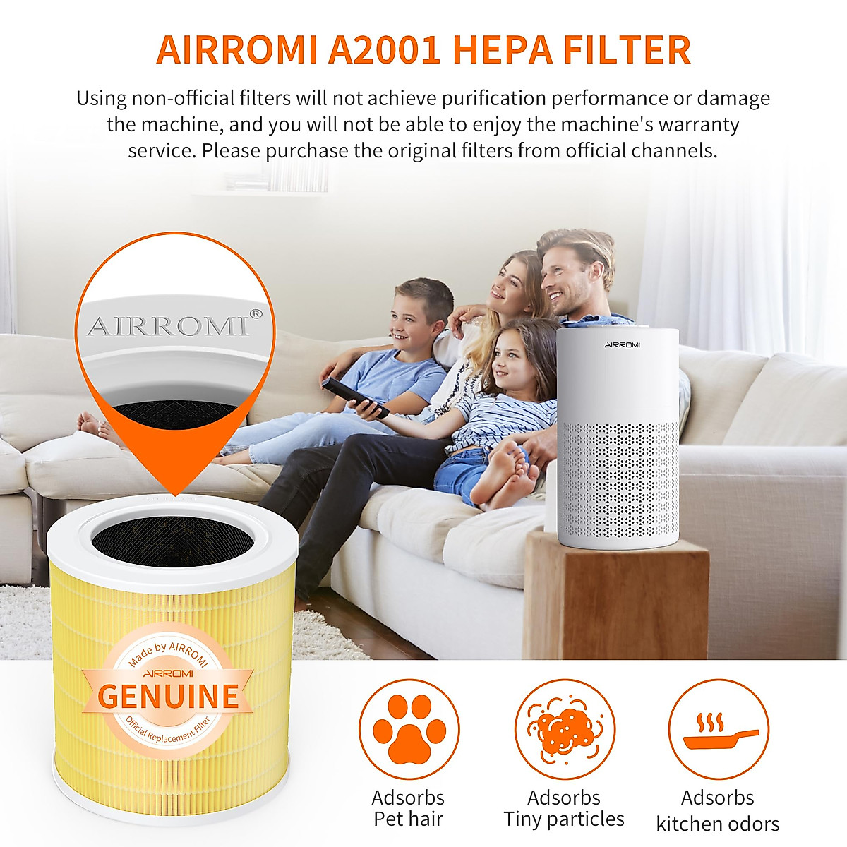 AIRROMI A2001 HEPA Air Purifier Replacement Filter: Original 3-in-1 Filter, Removes 99.97% of 0.3 Micron Particles, Yellow Activated Carbon Filter - Pets & Allergen Specific 1 Pack