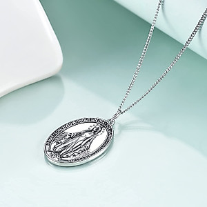 Rnivida 925 Sterling Silver Miraculous Medal Necklace, Catholic Our Blessed Mother Virgin Mary Oval Pendant Necklace for Women