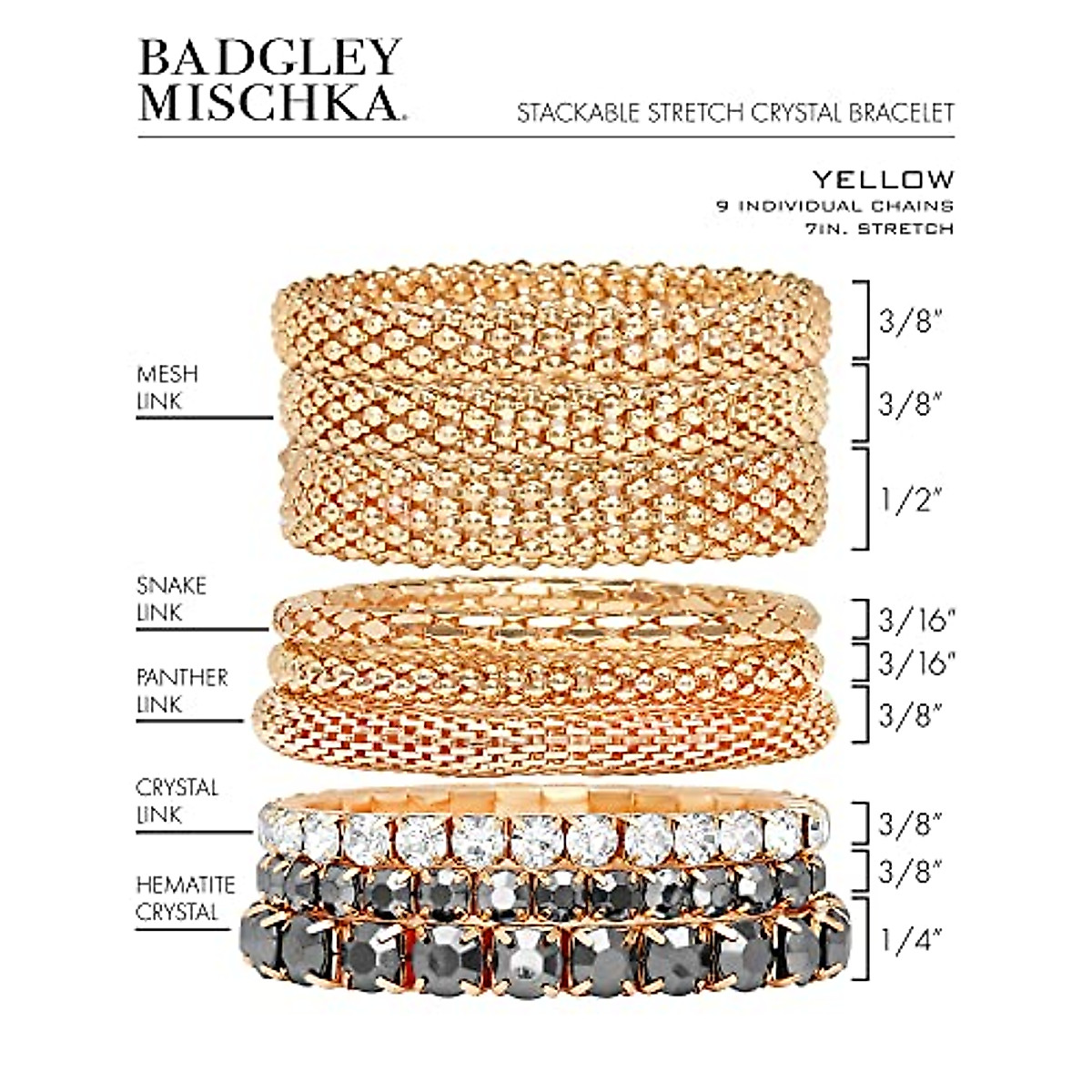 Badgley Mischka Women's Bracelet - Stackable Stretch Layered Crystal Snake Panther Link Mesh Bangle Tennis Bracelet, Yellow