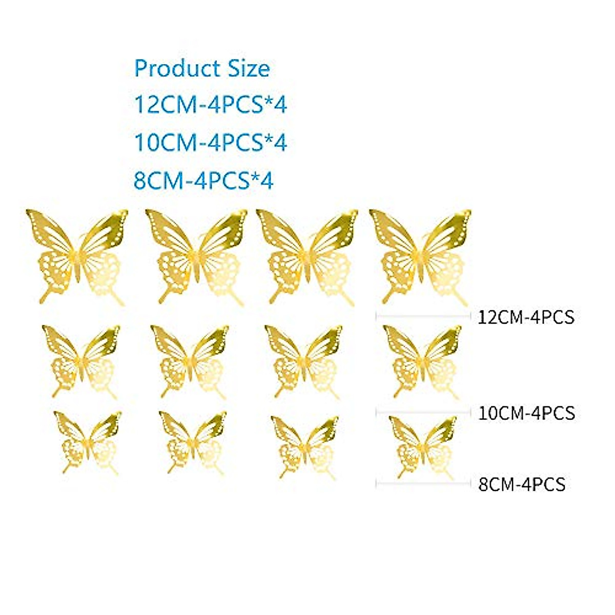 3D Butterfly Wall Stickers, 48PCS Gold Butterfly Wall Decals Decorations Stickers with 4 Patterns Butterflies Gold Party Decoration for Home Nursery Classroom Kids Bedroom Decor