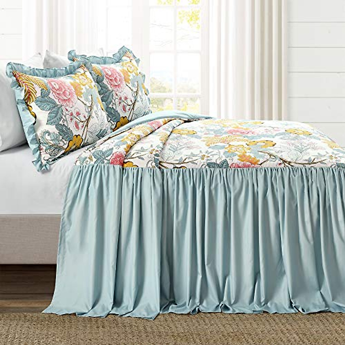 Lush Decor Sydney Floral Leaf 3 Piece Bedspread Set, Queen, Blue & Yellow