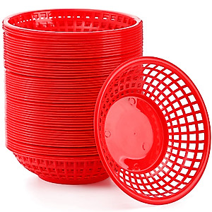 Suwimut 50 Pack Fast Food Baskets, 8 Inches Round Plastic Bread Fry Baskets, Serving Tray for Fast Food Restaurant, Deli Serving, Barbecues, Picnics, Parties, Hot Dogs, Chicken, Burgers