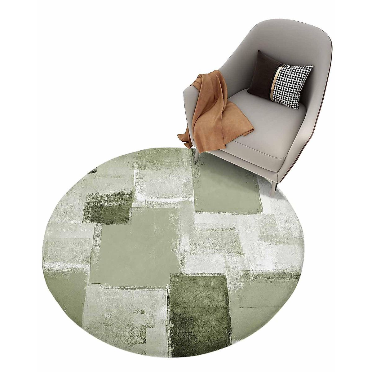 Sage Green Geometric Fluffy Round Area Rug Carpets 3ft, Plush Shaggy Carpet Soft Circular Rugs, Non-Slip Fuzzy Accent Floor Mat for Living Room Bedroom Nursery Decor Modern Abstract Smear Street Art