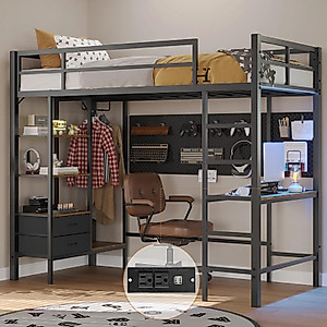 DICTAC Twin Size Loft Bed with Desk and Led Lights Metal Loft Bed with Charging Station & Storage Shelves and Drawers Twin Junior Bed with Clothes Rail,Safety Guard &Ladder,No Box Spring Needed,Black