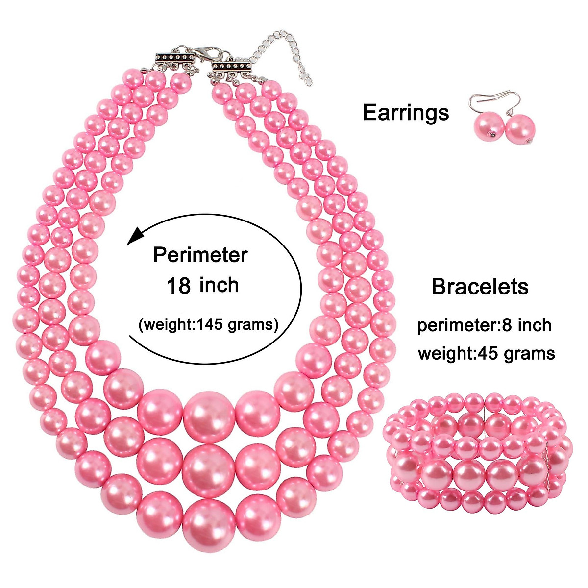 KOSMOS-LI Large Pearl Jewelry Set 3 Layer Simulated Pink Pearl Women's Statement 18" Necklace Bracelet and Earrings