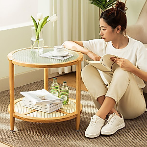 CUPKEE Bamboo Round Side Table, Glass End Tables, Double Layer Large Capacity Coffee Table with Storage for Living Room, Balcony, Bedroom