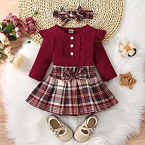 Infant Toddler Baby Girl Fall Winter Outfits Long Sleeve Romper Knitted Bodysuit with Plaid Skirt 2Pcs Christmas Outfits (Wine Red, 9-12 Months)
