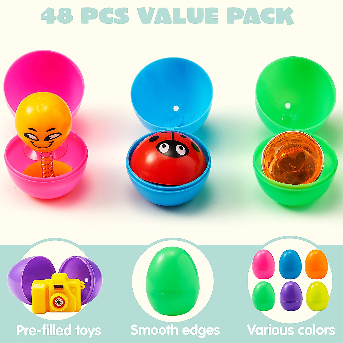 JOYIN 48Pcs Easter Eggs with Toys Inside, Prefilled Easter Eggs with Popular Assorted Toys for Kids Boys Girls, Easter Party Favors Easter Eggs Hunt, Basket Stuffers Filler, Classroom Exchange