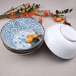 YALONG 40 Ounce Large Deep Soup Pho Bowls Set, Blue White Porcelain Salad Bowls for Ramen Pasta Cereal Pasta Wonton, Stackable Deep Noodle Serving Bowls Set of 4