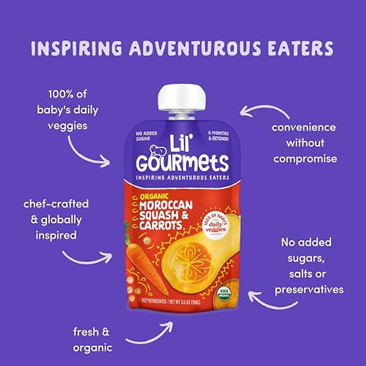 Lil’ Gourmets Organic & Fresh Veggie-Rich Baby Food, Clean Label Project Purity Award Winner, For 6+ Months, 3.5oz Pouch. Ships Chilled to Your Door (Variety Pack of 12)