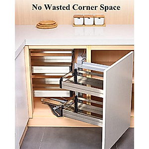 HFWYJF Blind Corner Cabinet Pull Out Organizer 15 Inch Opening,Magic Corner Base Cabinet Pull Out Left,Hidden Corner Cabinet Slide Out Shelves,2 Tier 4 Shelf Chrome Blind Corner Soft Close