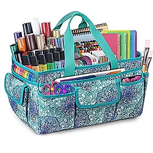 FINPAC Large Craft Storage Tote Bag with Multiple Pockets, Scrapbooking Carrying Case Storage Caddy with Handle for Sewing, Art, Desktop, Baby Care Supplies (Emerald Illusions)