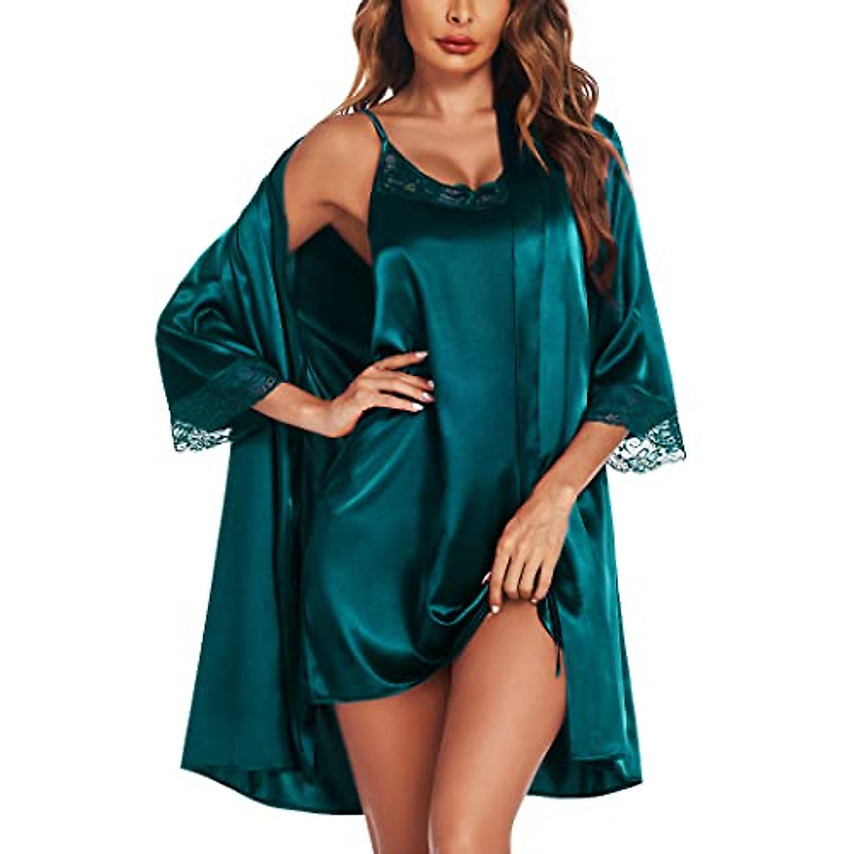 Ekouaer Womens Silk Nightwear Lingerie Nightgown Lace Pajamas Set with Robe Satin Cami Nightdress