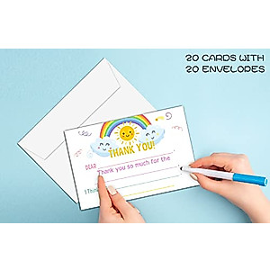 Keydaat Kids Fill in Thank You Card, Rainbow Colorful Birthday Party Thank You Notes for Boys Girls, 20 Cards With 20 Envelopes(A06)