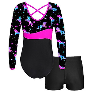 Yihuimin Kids Girls Tie Dye 2 Pcs Athletic Biketard Long Sleeve Gymnastics Leotard with Shorts Night Pegasus 6 Years