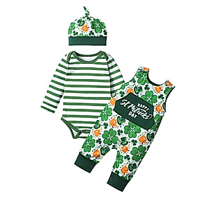 St Patricks Day Baby Boy Girl Outfit 12-18 Months Green Striped Long-Sleeved Four-Leaf Clover Onesie 3-Piece Set St. Patrick'S Day Toddler Boy Outfit Romper