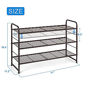 Bextsrack 3-Tier Shoe Rack, Stackable & Adjustable Wire Grid Shoe Shelf Storage Organizer for Closet Bedroom Entryway - Bronze