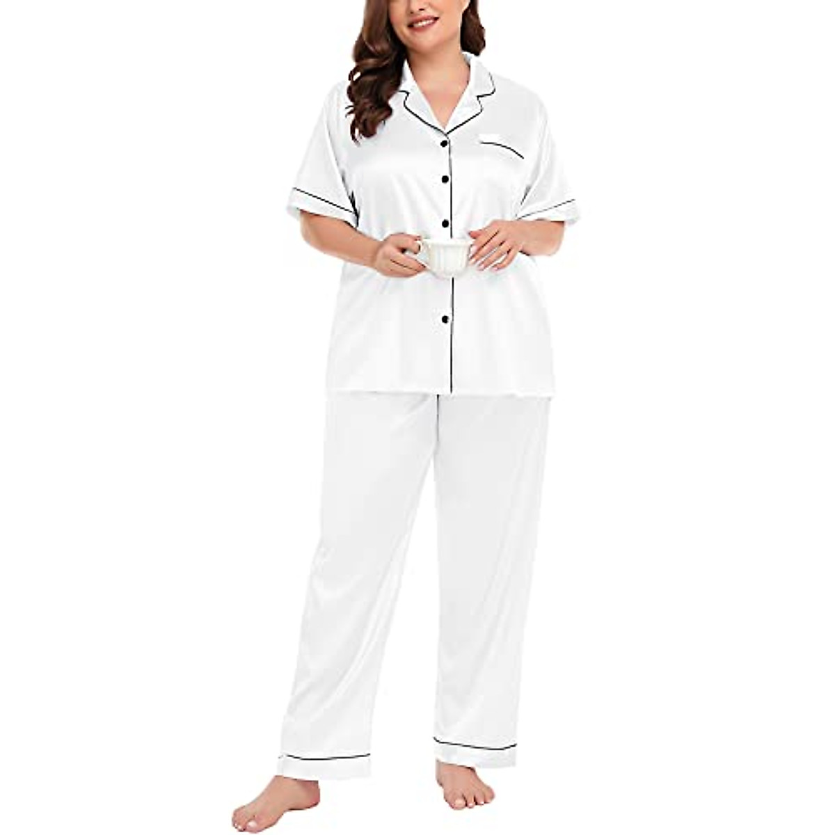SWOMOG Plus Size Silk Pjs for Women Satin Pajamas Bridal Pajama Set V-Neck Classic Pj Set for Pajama Party 2 Piece Loungewear 24W White