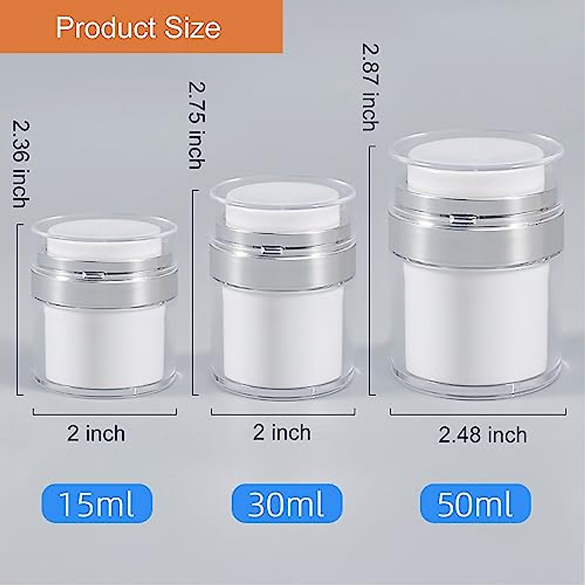 LXIANGN 3Pcs Airless Pump Jars,Refillable Empty Airless Pump Jar Vacuum Push Down Moisturizer Pump Dispenser for Serums,Skincare Cream,Essence,Leak Proof Portable Travel Container (0.5oz,1oz,1.7oz)