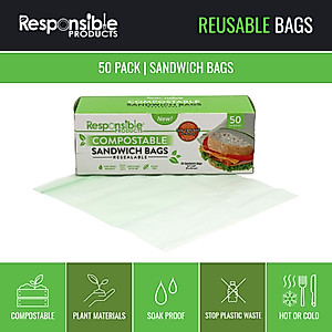 Responsible Products Certified Compostable SANDWICH Resealable Zip Bag, Extra Strength Food Bags, Plant-Based Freezer-Safe (50 Pack)