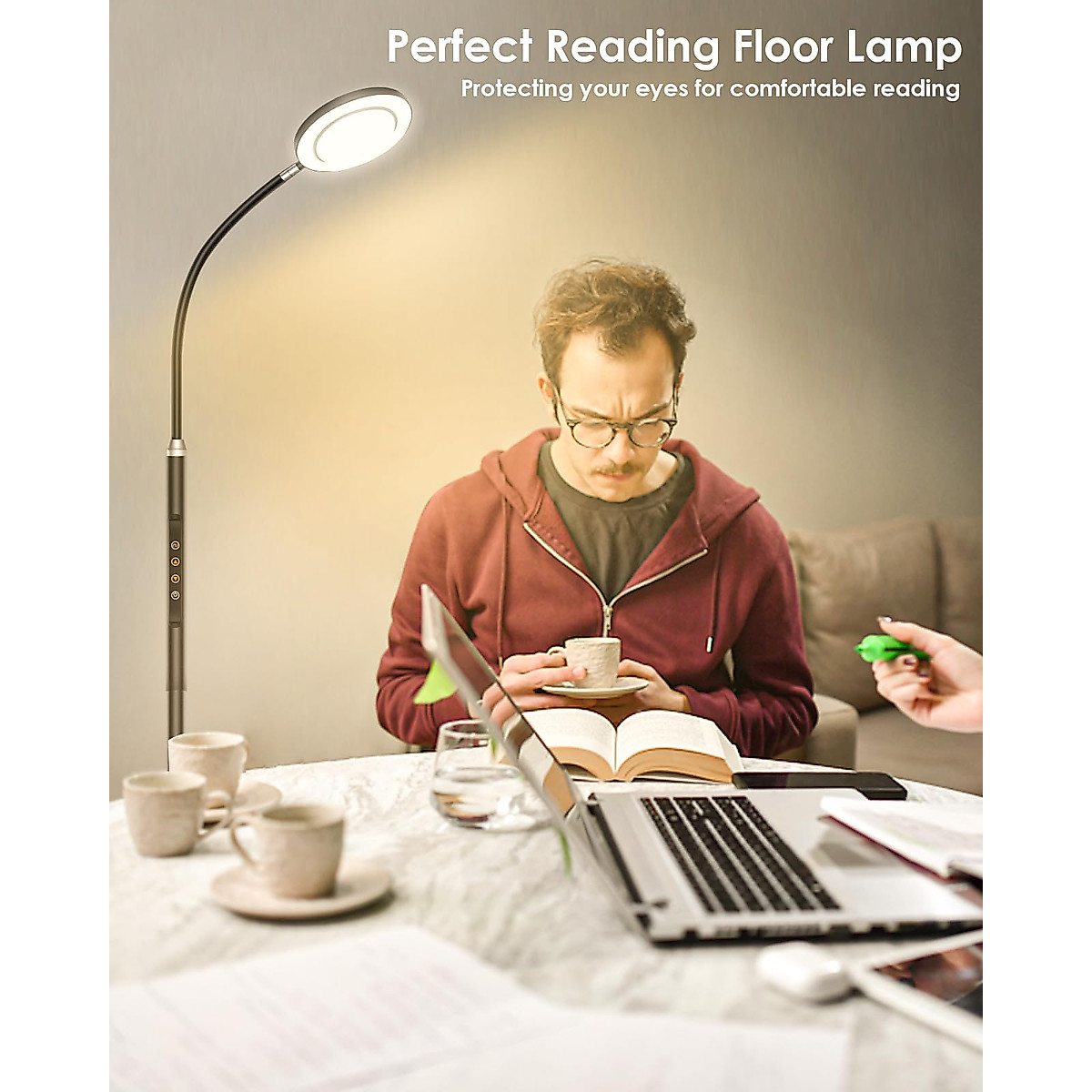 YIKBIK LED Floor Lamp for Bedroom, 24W 2400LM 74 Inch Standing Lamp with 3 Color Temperatures, Modern floor Reading Lamp with Remote & Touch Control, Adjustable gooseneck floor lamp for Office Reading