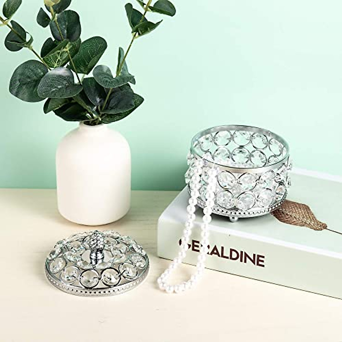 Feyarl Clear Crystal Jewelry Trinket Box Organizer Earrings Rings Treasure Storage Keepsake with Glass Mirror Surface Inside for Dresser Room Deco Valentine Christmas Birthday Gift (Silver)