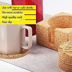 Natural Cork Coasters for Drinks – 10 Absorbent Drink Coasters with Matching Cork Holder That Doubles as a Bottle Coaster to Protect Tables and Countertops