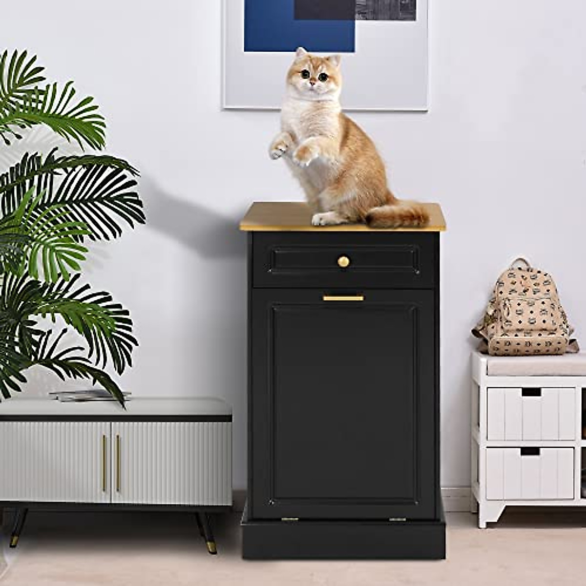 Anbuy Tilt Out Trash Cabinet Can Bin Kitchen Wooden Trash Can Free Standing Holder Recycling Cabinet with Hideaway Drawer Wooden Trash Holder (Black)