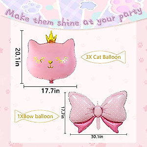 BlingABC Pink Cat Balloons 5Pcs, Large 20Inch Crown Kitty Cat with 30Inch Pink Bow Balloons for Girls Kitten Animal Themed Baby Shower Birthday Decoration Party Supplies