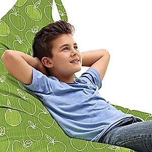Lunarable Green Lounger Chair Bag, Hand Drawn Doodle Apple Silhouettes on a Vertical Striped Background, High Capacity Storage with Handle Container, Lounger Size, Apple Green and White