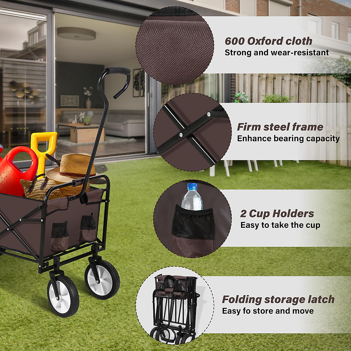 Collapsible Folding Wagon, Beach Wagon Cart Heavy Duty 220LBs Foldable, Utility Grocery Wagon with Side Pocket for Camping Garden Sports