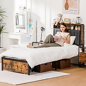 COMHOMA Twin Size Bed Frame, Platform Bed Frame with 2 Storage Drawers, Power Outlets, 2-Tier Storage Headboard and LED, Strong Support, No Box Spring Needed