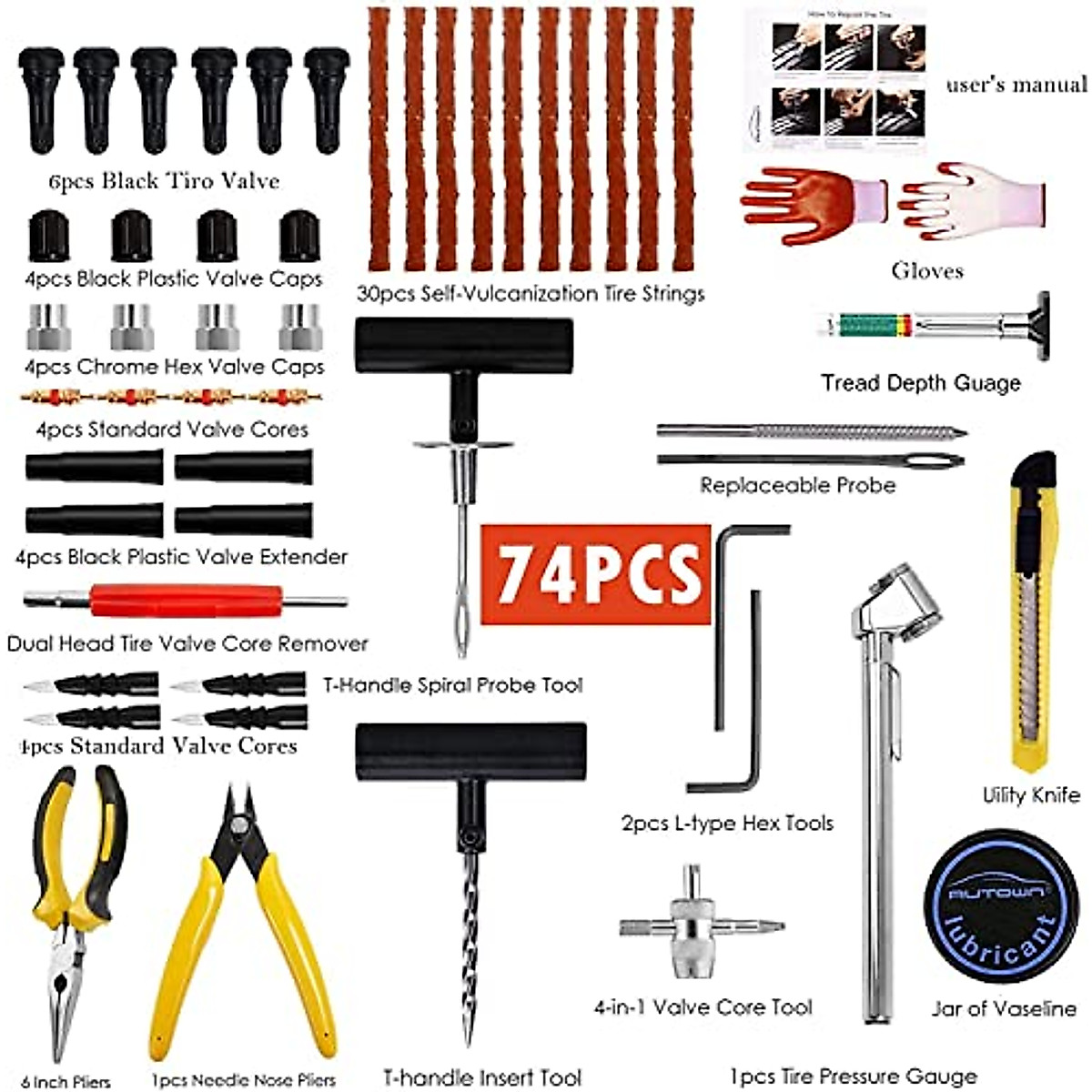 AUTOWN Flat Tire Repair Kits, 74 Pcs Universal Tire Plug Kit Heavy Duty Flat Tire Puncture Repair Kit for Cars, Trucks, Motorcycles, ATV，RV, Jeep, Tractor, Trailer