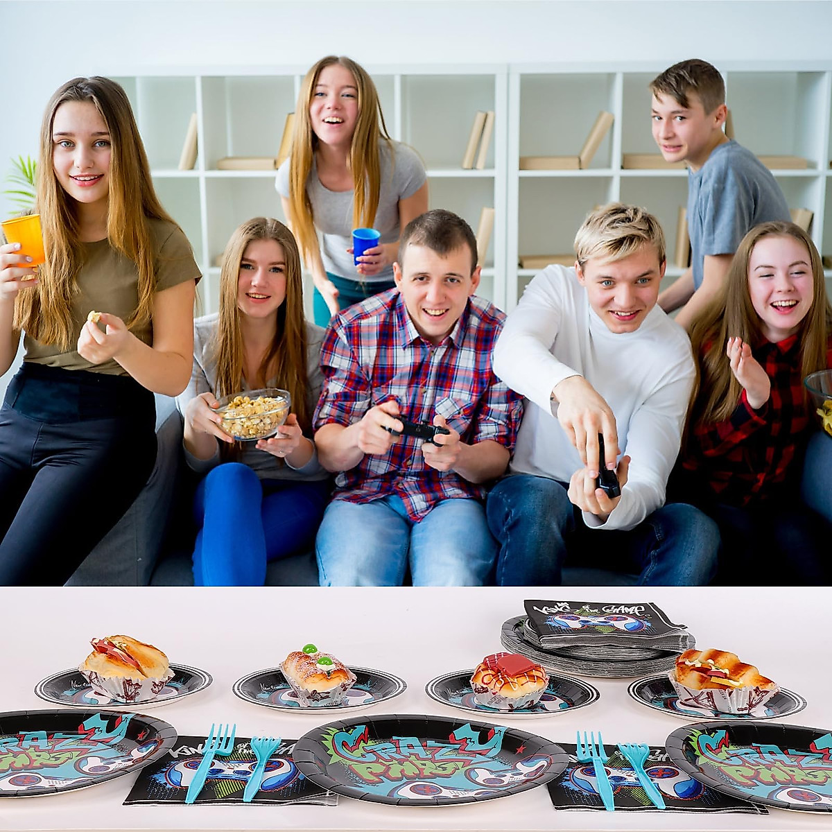 96 Pcs Video Game Party Supplies Paper Plates Napkins Gaming Party Birthday Decorations Favors for Kids Gaming Serves 24